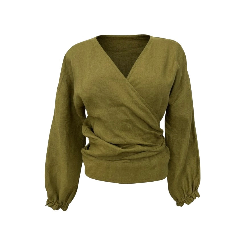 "Renee" Wrap Top - Olive Linen – Inc Design Store